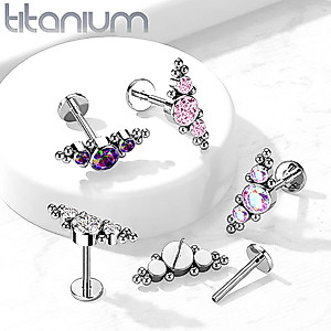 Dynamique Implant Grade Titanium Threadless Push In Labret, Flat Back Stud With 3 CZ And Ball Clusters Top for Cartilage, Lip, Nose (Sold Per Piece)