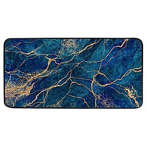 ZHIMI Kitchen Rug Anti Fatigue Kitchen Floor Mat Blue Marble with Gold Long Carpet Non-Slip Laundry Standing Runner Rug Rectangle Entryway Mat 39 x 20 Inch