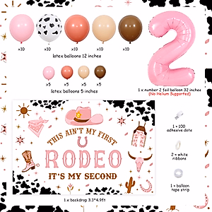 JOYMEMO My 2nd Rodeo Birthday Decorations Girl - Boho Cowgirl Balloon Garland Arch Kit with This Ain't My First Rodeo Its My Second Birthday Backdrop, Number 2 Foil Balloon for Western Party Supplies