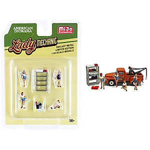 Lady Mechanic 6 Piece Diecast Set (4 Figurines and 2 Accessories) for 1/64 Scale Models by American Diorama 76484