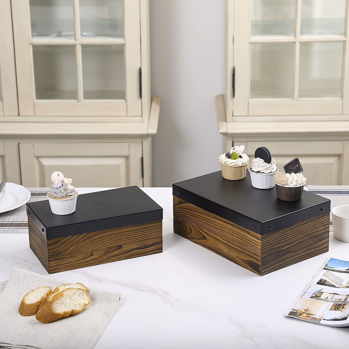 MyGift Solid Burnt Wood Cupcake Holder Cake Stand with Black Metal Top, Decorative Buffet Desserts and Appetizer Server Display Riser, Set of 2