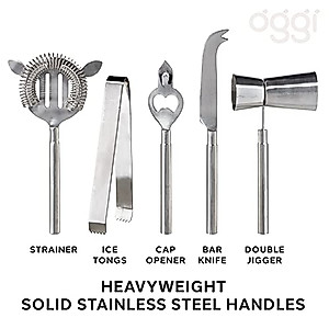 OGGI Modernist Stainless Steel Bar Tool Set w/Wood Accent- Ideal Bar Accessories, Cocktail Set, Bar Set, Bar Cart Décor; Includes Bar Knife, Ice Tongs, Drink Strainer, Double Jigger & Cap/Can Opener