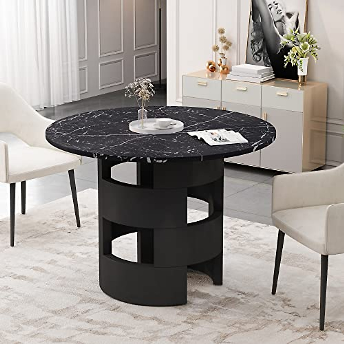 HomSof 42.12" Modern Round Dining Table with Printed Black Marble Table Top for Dining Room, Kitchen, Living Room