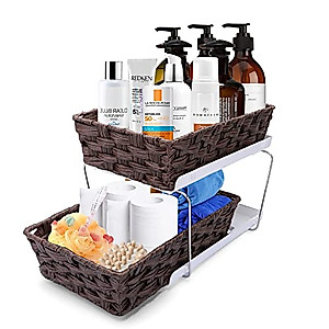 TCJJ 2-Tier Brown Storage Baskets for Organizing, Under Bathroom/Kitchen Sink Organizers and Storage, 2 Woven Sliding Baskets for Bathroom Kitchen Pantry Medicine Cabinet Counter