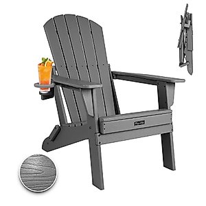 Plawdlik Folding Adirondack Chair, SGS Tested, Wooden Textured with Cup Holder, Heavy All-Weather HDPE Comfortable Set Poolside Backyard Lawn Grey
