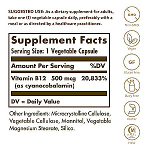 Solgar Vitamin B12 500 mcg, 100 Vegetable Capsules - Energy Metabolism, Nervous System Support, Heart Health - Non-GMO, Vegan, Gluten Free, Dairy Free, Kosher, Halal - 100 Servings