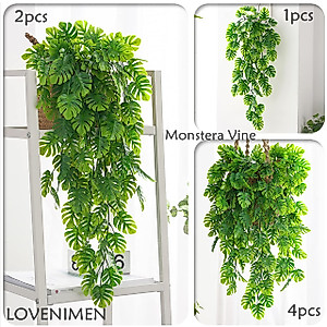 LOVENIMEN Artificial Hanging Vines 4 Pack, Fake Monstera Leafs Vine Ivy Jungle Leaf Plants Tropical Palm Leaves Rattan for Houseplants Indoor Home Kitchen Garden Outdoor Wall Wedding Decoration