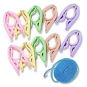 Clothes Hangers AEYTLOI 10pcs Colorful Travel Hangers with 1 Pack Clothesline, Portable Folding Coat Hangers Plastic Hangers, Travel Accessories Clothes Drying Rack for Travel