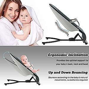 Baby Bouncer, Portable Bouncer Seat for Babies, Portable Baby Rocker with 3-Point Harness, Portable Rocker with Mesh Fabric and Babies Soothing Vibrations (Grey)