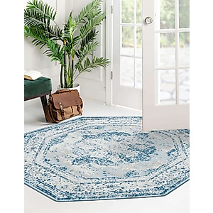 Rugs.com Monte Carlo Collection Rug – 4' Octagon Blue Medium Rug Perfect for Living Rooms, Kitchens, Entryways