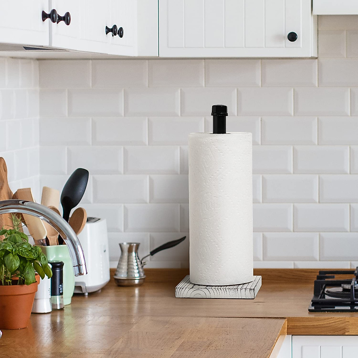 MyGift Industrial Black Metal Pipe Paper Towel Holder Countertop Bathroom Paper Towel Holder Stand with Vintage White Solid Wood Base