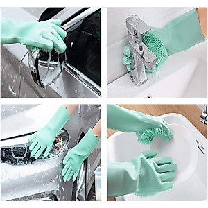 Silicone Dishwashing Gloves, Reusable Rubber Scrubbing Gloves for Dishes,Sponge Wash Cleaning Gloves with Scrubbers for Housework, Bathroom, Kitchen, Car, Pets. 1Pair (13.6" Large) (green)