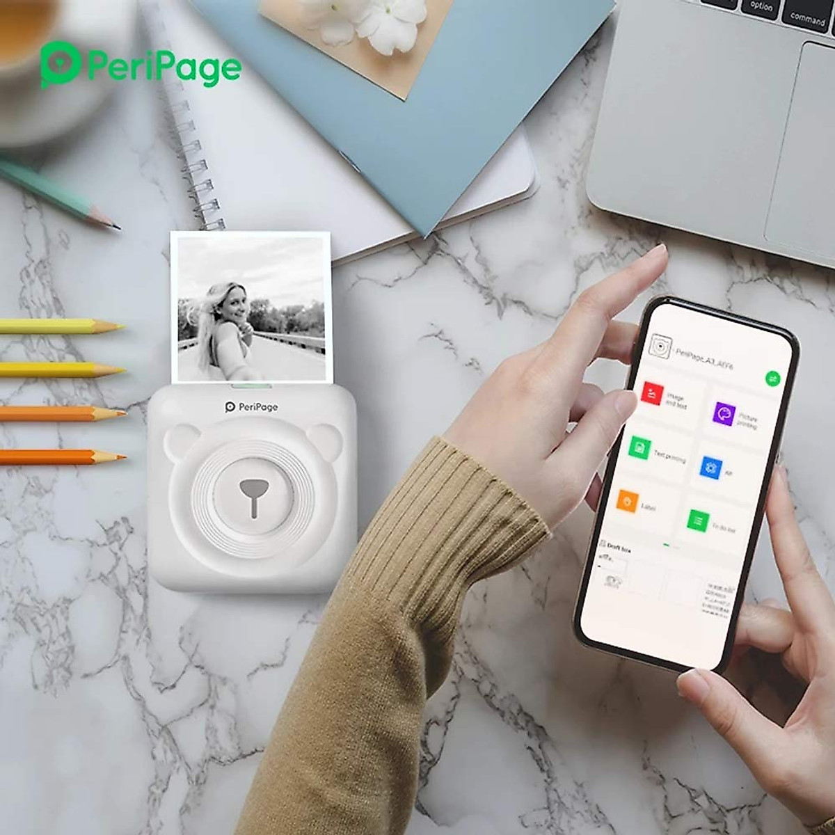 PeriPage Mini Portable Paper Photo Pocket Thermal Printer 58 mm Printing Wireless Bluetooth Android iOS Printers (White)
