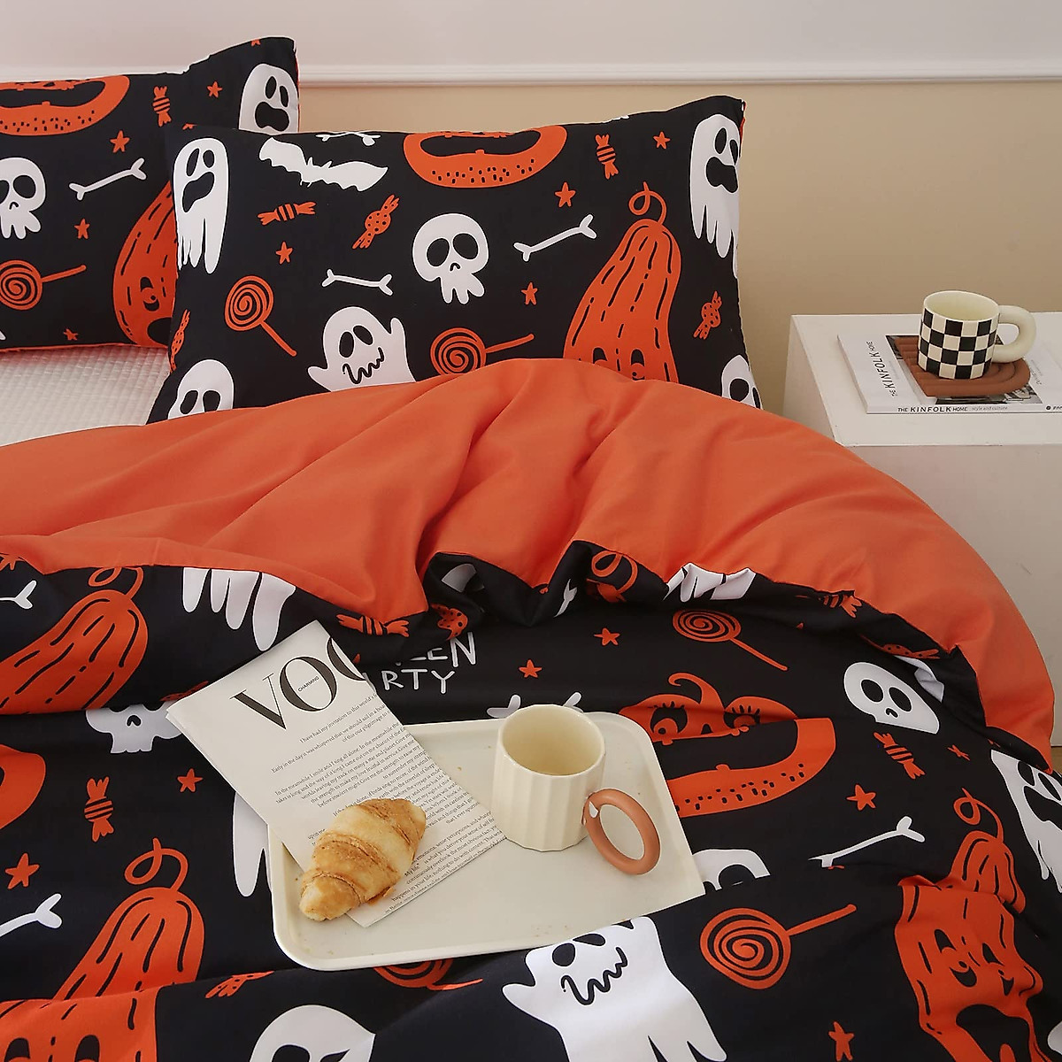 Halloween Duvet Cover Set Queen,3 Pieces Black Skull Pumpkin Comforter Cover Set with 2 Pillowcases Ghost Festival Themed Bedding Set Queen90 x90(Not Comforter)