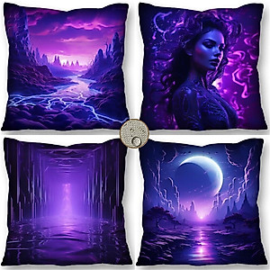 AI-Designed Moon Purple Throw Pillow Covers 60x60cm Set of 4 - Waterproof for Outdoor Use Farmhouse - for Living Room Bed Couch - Indoor Decorative Cushion Cases for Home Room Christmas Decorations