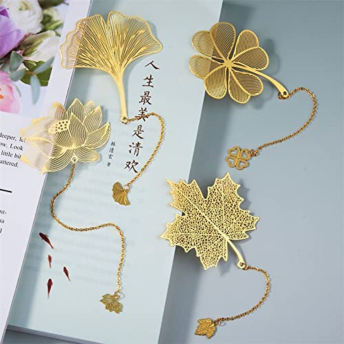 Metal Bookmarks with Chain Golden Hollow Leaf Bookmark Unique Leaf Plant Gifts Bookmark for Women Men Book Lovers Writers Readers(Apricot Chain)