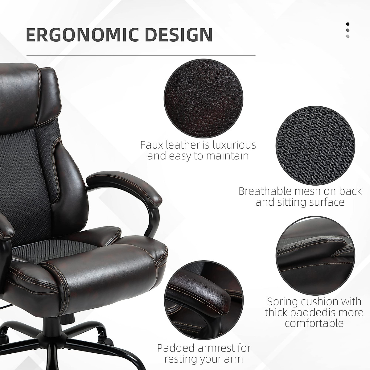Vinsetto 484LBS Big and Tall Ergonomic Executive Office Chair with Wide Seat, High Back Adjustable Computer Task Chair Swivel PU Leather, Brown