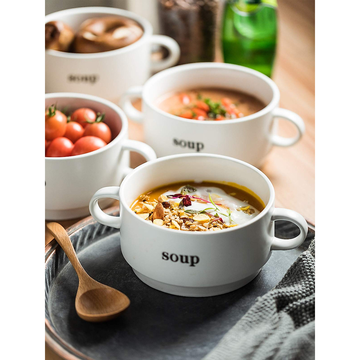 LAUCHUH Soup Bowls Porcelain Soup Crocks with Handles Stackable Soup Mugs for French Onion Bowl Set with Serving Stand 27 ounces for Salad Cereal Fruit