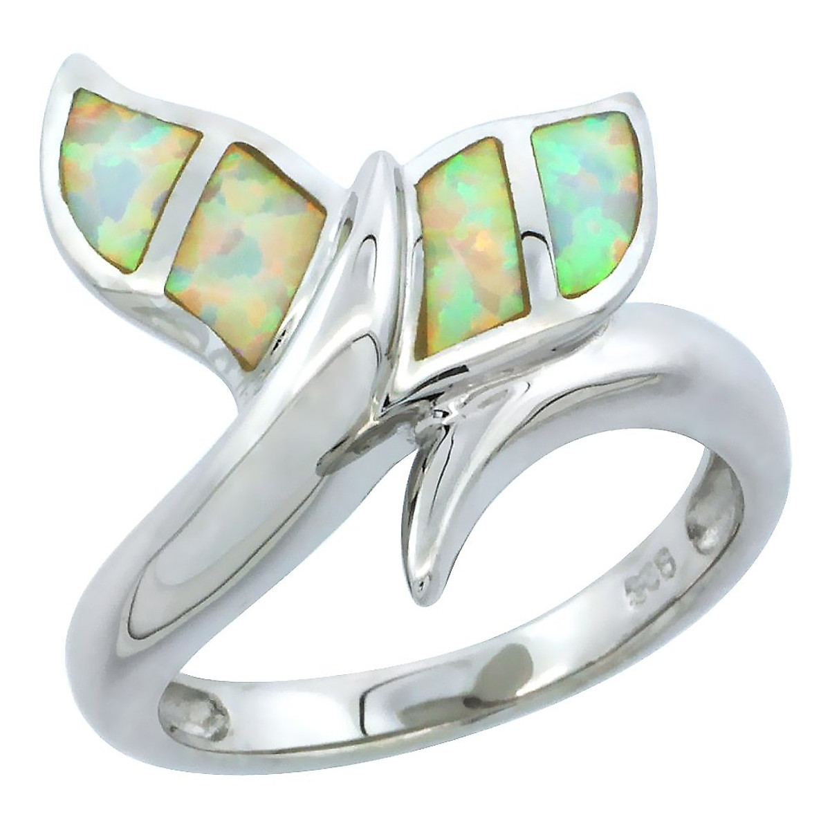 Sterling Silver White Synthetic Opal Whale Tail Ring for Women 3/4 inch Size 6