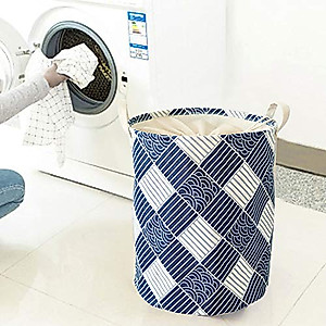 HUAIDE Laundry Basket with Drawstring Closure & Handles Laundry Organizer Hamper Foldable Cotton Laundry Bag Home Dorm Storage Bin Blue+White 1Pc