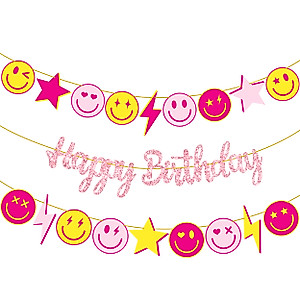 Preppy Birthday Party Banners 3Pcs Preppy Smile Face Birthday Party Decorations Pink Smile Face Lightning Star Themed Party Banners for Preppy Theme Bachelorette Birthday Party Supplies