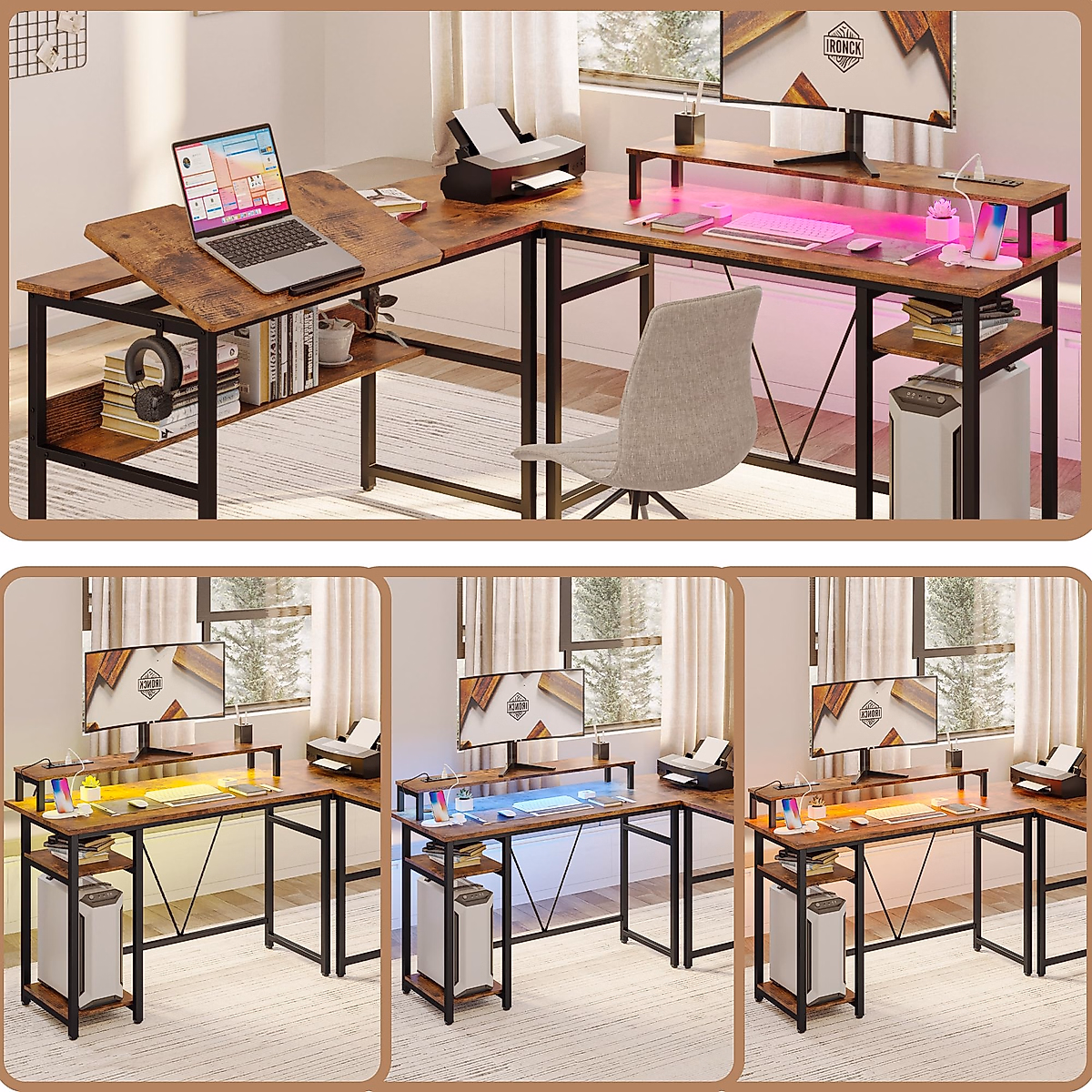 IRONCK L Shaped 70.8" Computer Corner Desk with LED and Power Outlets, 95" I-Shaped Two-Person Reversible Drafting Table with Storage Shelves & Monitor Stand for Home Office, Bedroom, Brown