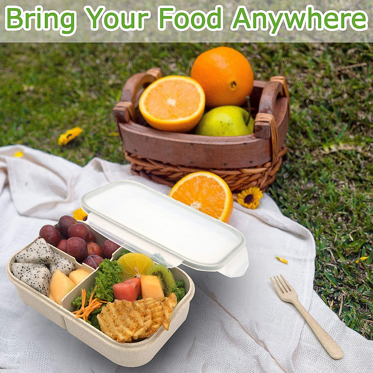 Jeopace Bento Box for Adults Lunch Containers for Kids 3 Compartment Lunch Box Food Containers Leak Proof Microwave Safe(Flatware Included, Transparent)