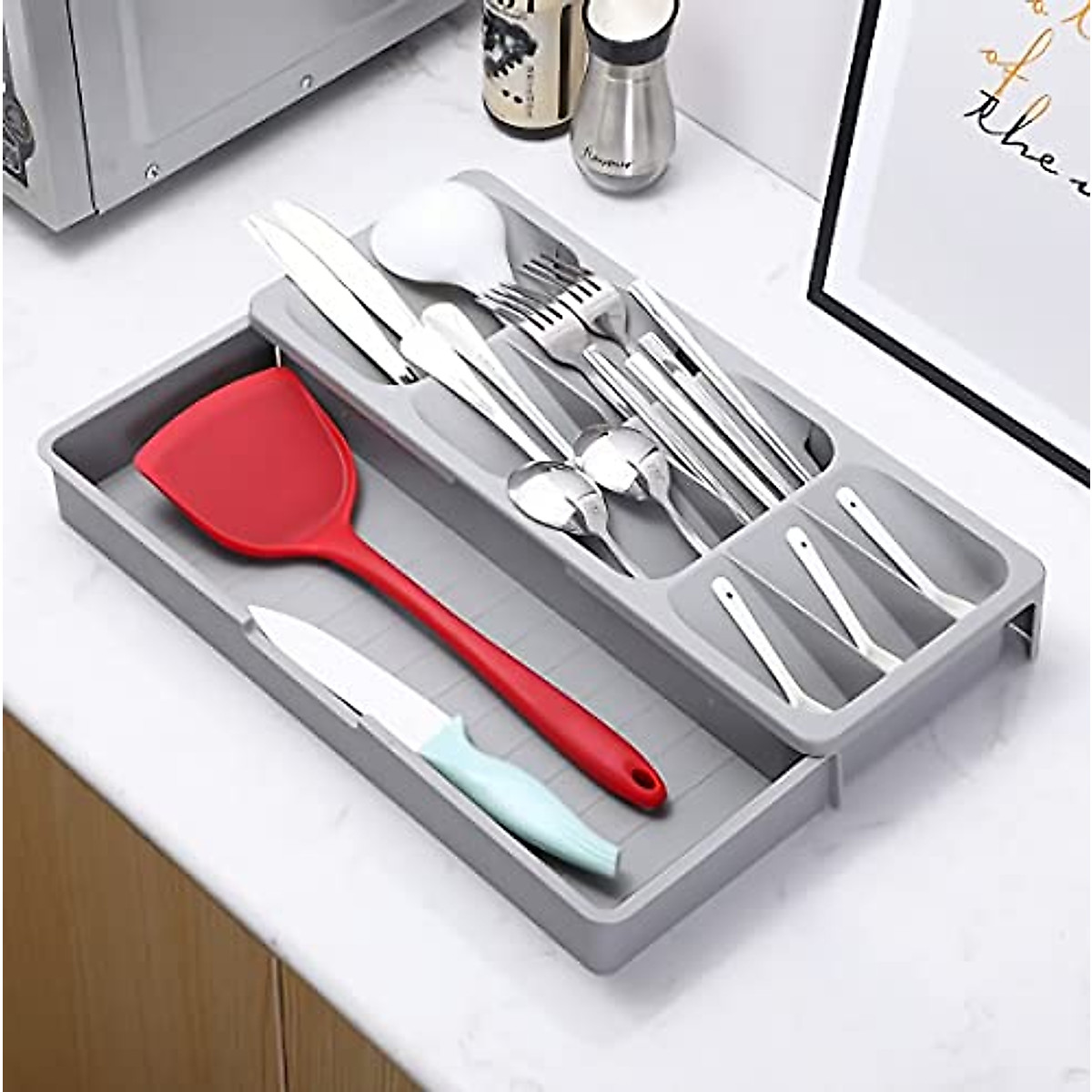 Kitchen Drawer Silverware Organizer Tray, Expandable Kitchen Utensils Organizer for Cutlery, Flatware,Spoon Knife and Fork Partition Storage