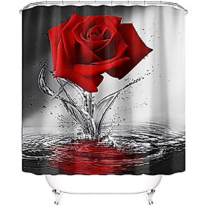 4PCS Red Rose Shower Curtain Set with Rugs,Toilet Lid Cover,U-Shaped Mat,Contemporary Water Pattern Red Rose Pattern Shower Curtains for Bathroom Waterproof Polyester Flower Bathroom Sets,71x71