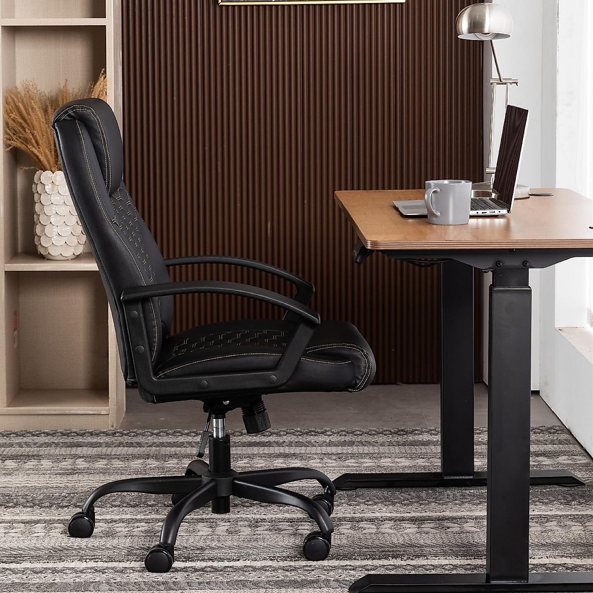 Office Chair Executive Office Desk Chair High Back Adjustable Ergonomic Managerial Rolling Swivel Task Chair Computer PU Leather Home Office Desk Chairs with Lumbar Support (Black,Gold Stitching)