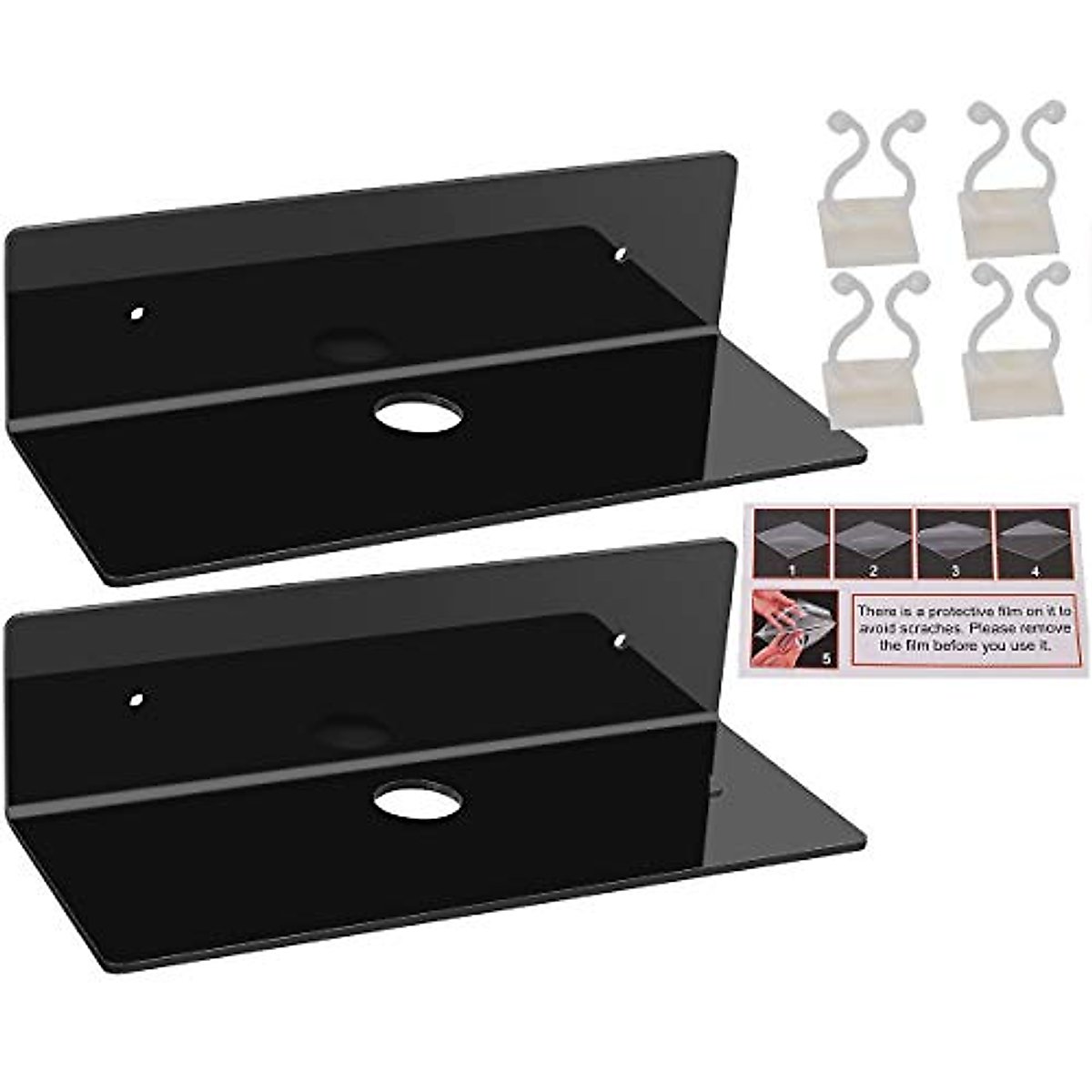 Kamtop Acrylic Floating Wall Shelves Set of 2 with Cable Clips Small Display Shelf Adhesive Display Shelves for Alarm Clock Wireless Speaker Video Games