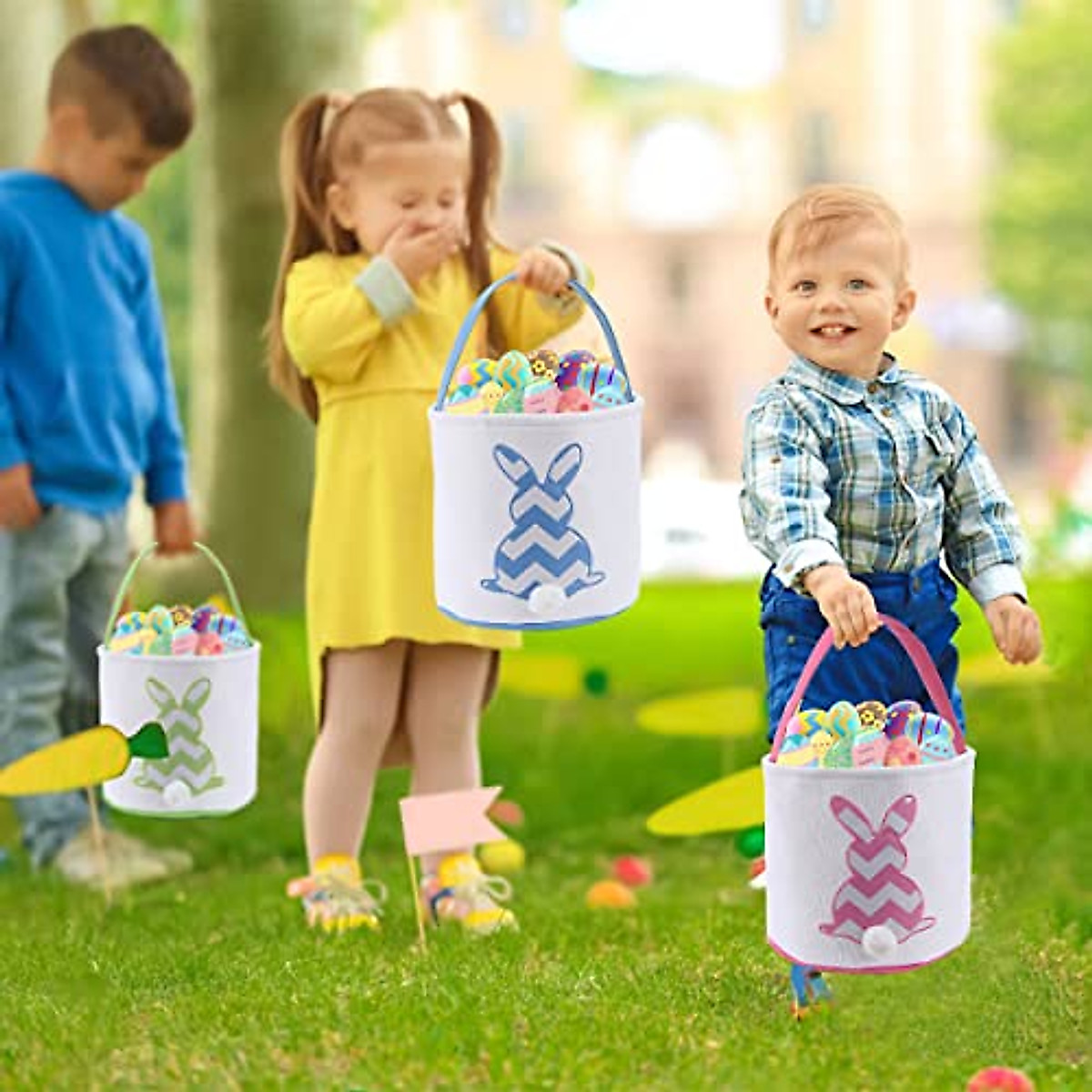 Cootato Easter Bunny Basket Bags for Kids, Stripe Rabbit Pattern Egg Basket Hunt Bags Personalized Canvas Cotton Bucket with Fluffy Tail for Easter Eggs, Candy, Gift (Blue)