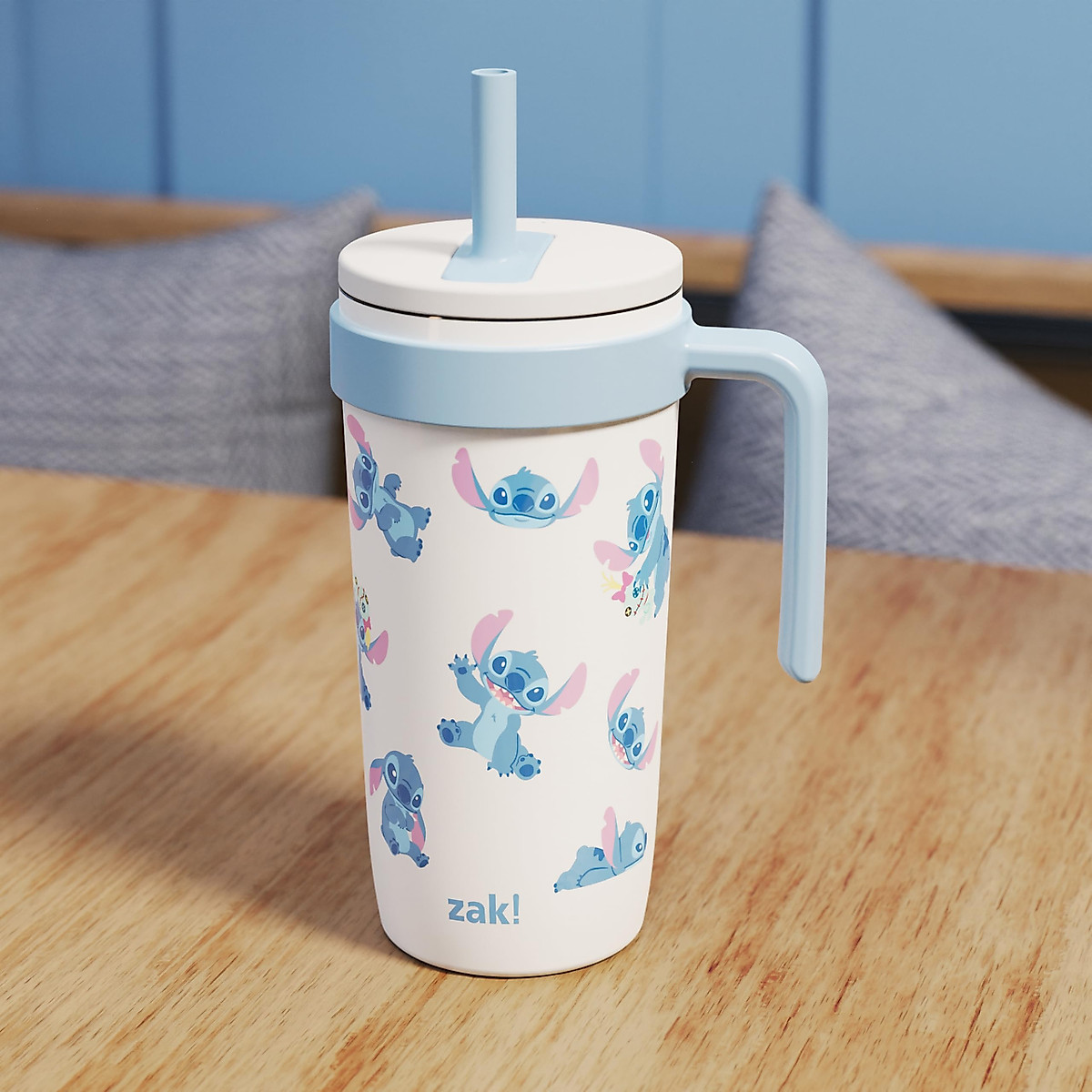 Zak Designs Disney Fairway Travel Tumbler for On the Go or At Home, 18oz Stainless Steel with Vacuum Insulation, Spillproof Silicone Straw, and Carry Handle for Cold Drinks (Stitch)