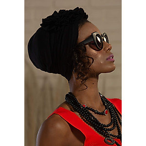 Aisha's Design Instant Turban Head Wraps For Women, 95% Cotton Pretied Hijab Scarves, Rose Detail, Black