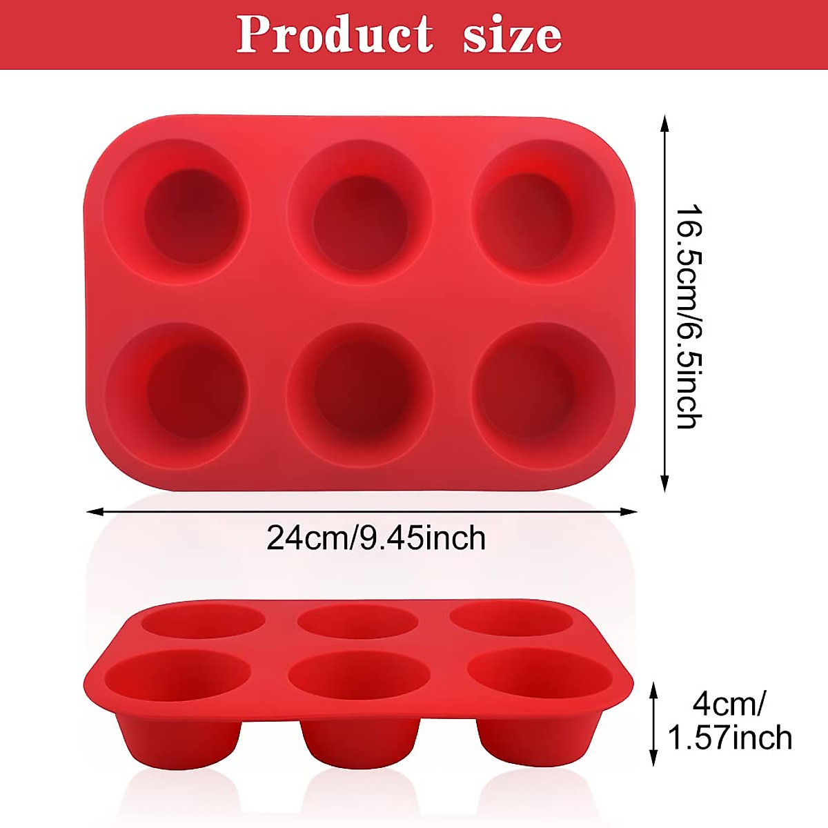 2PCS Silicone Muffin Pans Non-Stick Cupcake Pan 6 Cup Mini Muffin Pan,Reusable Muffin Baking Silicone Mol ds,Muffin Tin For Muffin,Cupcake,Brownie,2 Trays Overlapped(Red,size:9.45x6.5x1.57inch)