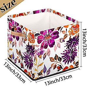 Large Collapsible Storage Bins,Flower Leaves Decorative Canvas Fabric Storage Boxes Organizer with Handles,Cube Square Baskets Bin for Home Shelves Closet Nursery Gifts