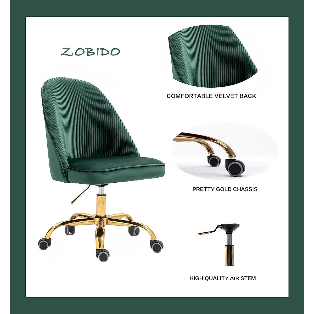 ZOBIDO Comfy Home Office Task Chair with Wheels, Cute Modern Upholstered Velvet Seashell Back Adjustable Swivel Vanity Desk Chair, for Women, for Kids, for Girls, Living Room, Bedroom（Green）