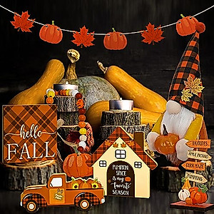 12 PCS Fall Decorations for Home, Fall Tiered Tray Decor, Rustic Farmhouse Autumn Wooden Signs Plush Gnome Bead Garland Pumpkins Maple Leaves Banner Hello Fall Ornament for Harvest Table Centerpieces