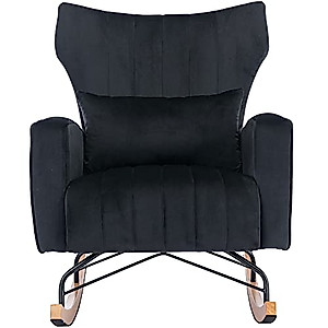 DM Furniture Velvet Rocking Chair Upholstered Nursery Glider Rocker for Baby Comfy Nursing Armchair Side Accent Chair for Living Room Bedroom, Black