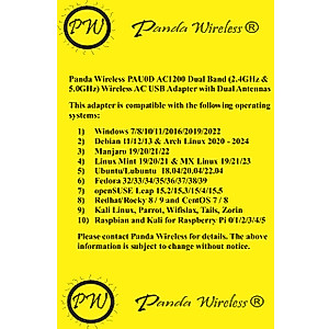 Panda Wireless® PAU0D AC1200 Wireless AC USB Adapter w/Dual Antennas - Windows 7/8/10/11/2019/2022, Chrome OS, Zorin, MXLinux, Mint, Ubuntu, Fedora, openSUSE, Rocky, Kali Linux and Raspbian