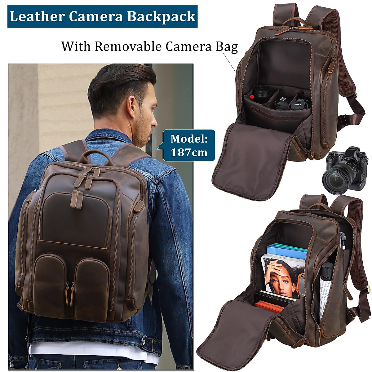 Masa Kawa Vintage Leather 15.6" Laptop Computer Backpack Camera Bag for Men Photographers Brown Large Business Travel Work Multi Pockets Rucksack Daypack