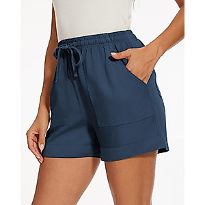 SMENG cotton beach hot pants for women lounge running shorts with phone pocket for women summer elastic waistband loose comfy womens linen shorts elastic waist blue x-large