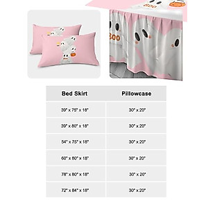 AMZRicher Halloween Wrap Around Pleated Bed Skirts for Queen Bed 60x80, Decorative Dust Ruffle Bed Sheet & Bedskirt 18'' Drop Bedspread with Pillow Case 20x30 White Ghost Pumpkin Blush Pink