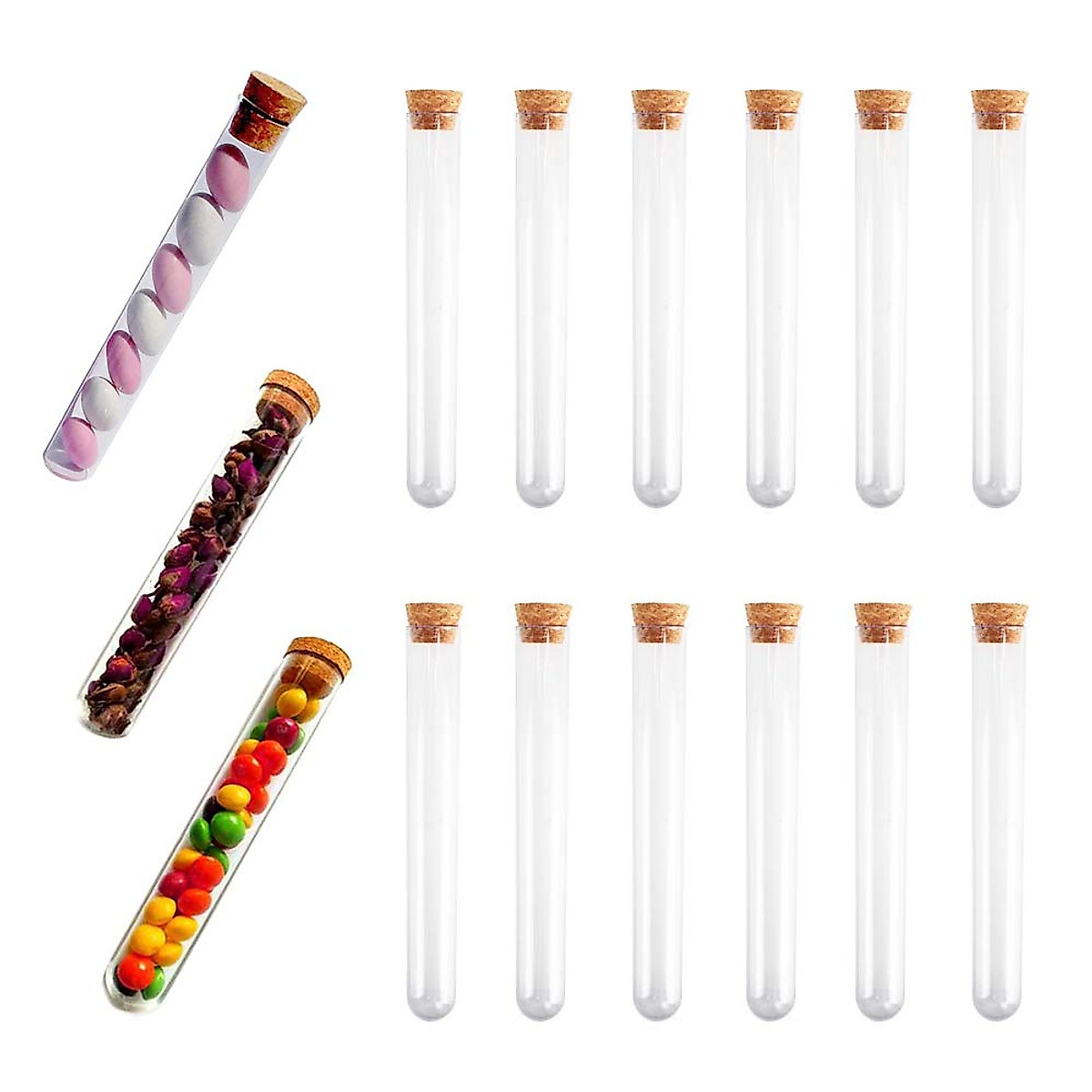 KINDPMA 20Pcs 18ml Clear Plastic Test Tubes 18x105mm with Cork Stoppers Tube Holder Candy Test Tubes for DIY Flowers Crafts Candy Bath Salts Storage Halloween Christmas Science Lab Wedding Party Favor