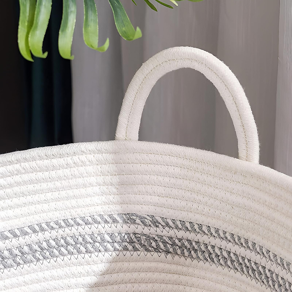 Laundry Basket,Woven Cotton Rope Laundry Hamper,58L Hamper for Kids for Blanket,Toys,Dirty Clothes in Living Room,Bathroom,Bedroom (Grey&White)