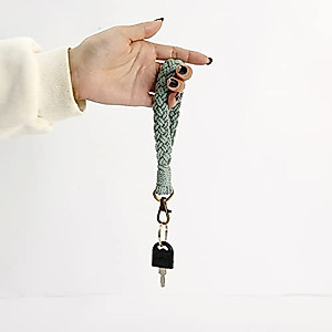 Fuqimanman2020 Handmade Boho Macrame Keychain Soft Pom Pom Wristlet Keychain Bracelet Keyring Holder Wrist Lanyard With Faux Fur Ball Fluffy for Women Girls(Light Green)