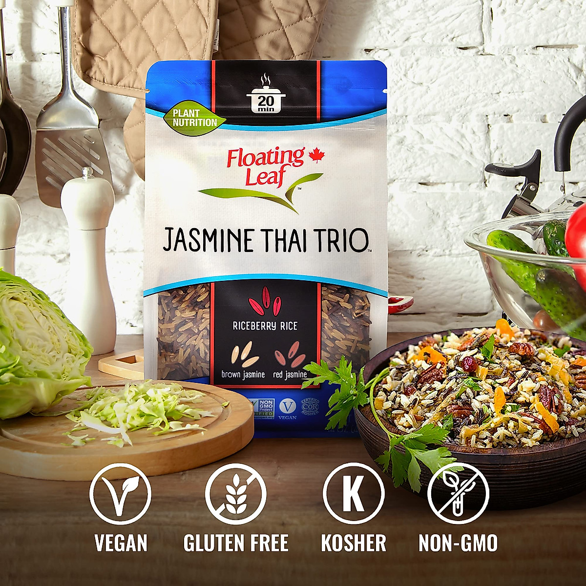 3 Packs x 14 ounces Jasmine Thai Trio, Riceberry Rice (Jasmine Black Rice), Brown Jasmine Rice and Red Jasmine Rice, Non Gluten, Non-Gmo, Kosher and Vegan - Floating Leaf