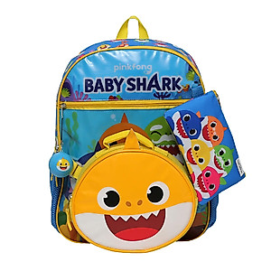 Baby Shark 5 Piece Backpack Set for Kids, Kindergarten Schoolbag with Insulated Lunch Box, Pencil Case, Cinch Bag, and Squishy Ball Toy Dangle, Daypack for Toddler’s Boys and Girls