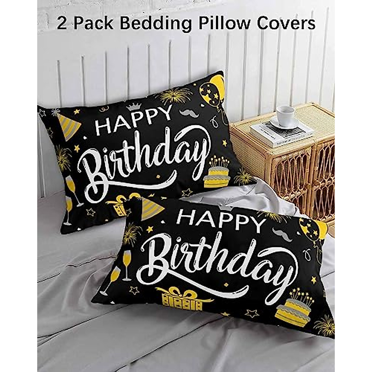 Edwiinsa Happy Birthday Pillow Covers Standard Size Set of 2 20x26 Bed Pillow, Yellow Cake Birthday Gifts Balloon Black Plush Soft Comfort for Hair/Skin Cooling Pillowcases with Envelop Closure