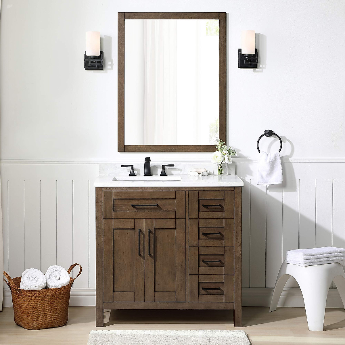 OVE Decors Maya Plus 36 in. Single Sink Bathroom Vanity in Almond Latte Finish, Black Hardware and Included Power Bar
